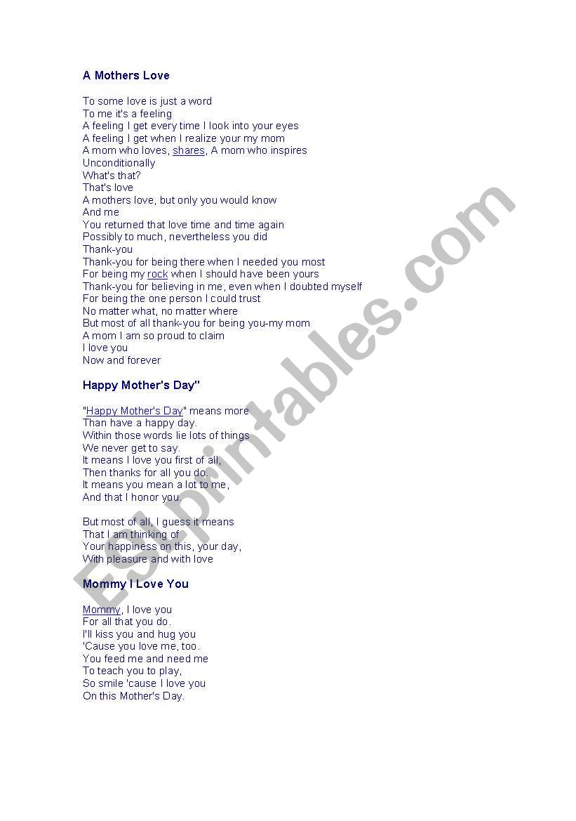 MOTHER´S DAY POEM - ESL worksheet by maesca
