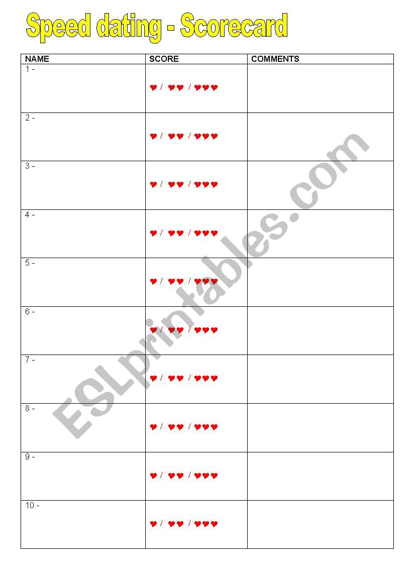 Celebrity Speed Dating Comments Card ESL Worksheet By Dsl8