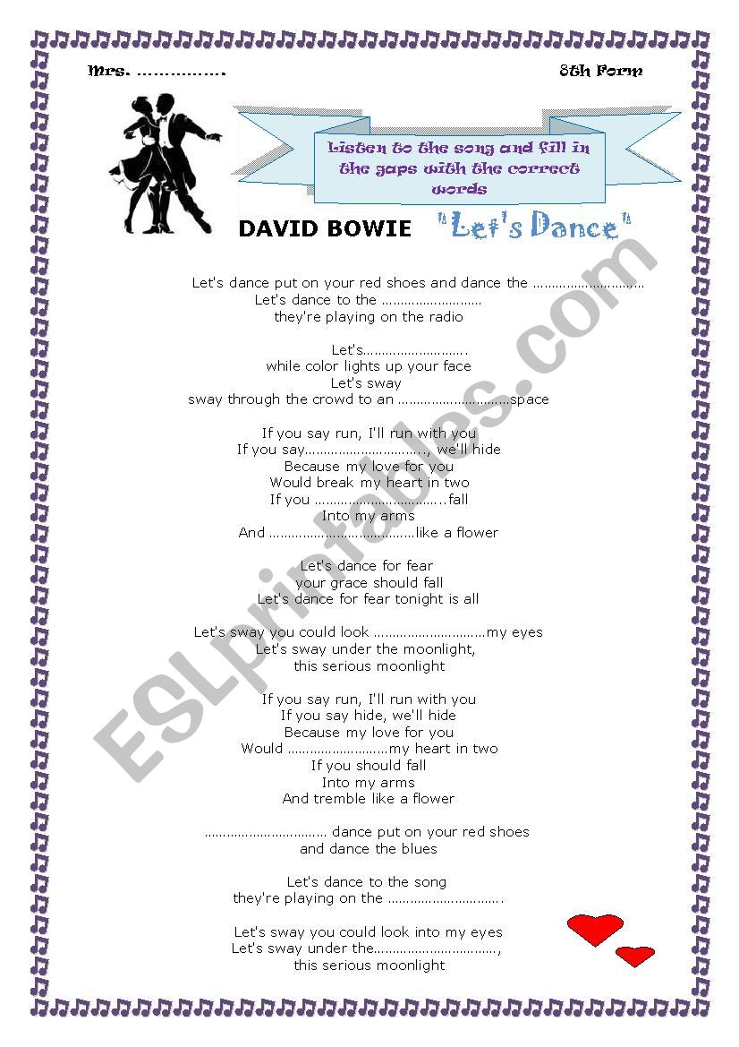 David Bowie : Let´s dance (song) - ESL worksheet by unpredictable14