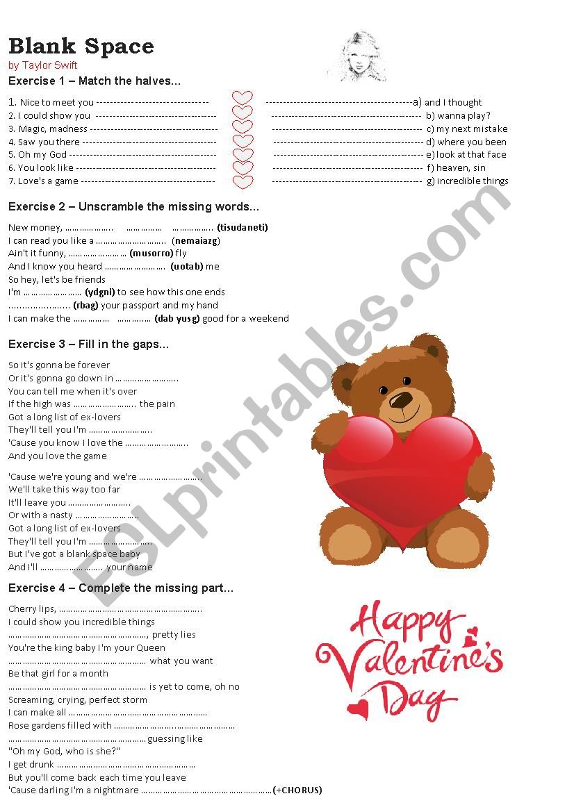 Taylor Swift - Blank Space Perfect for Valentine´s Day> - ESL worksheet ...