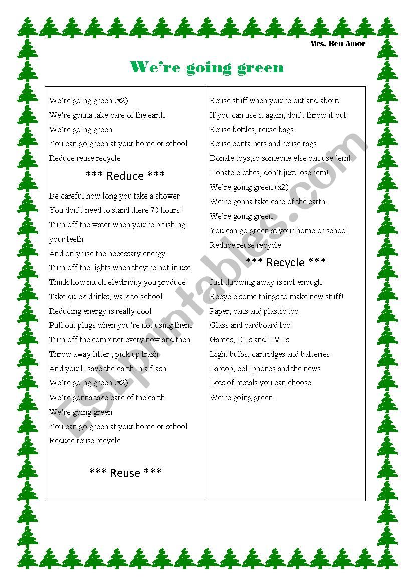 We´re going green (song) - ESL worksheet by unpredictable14