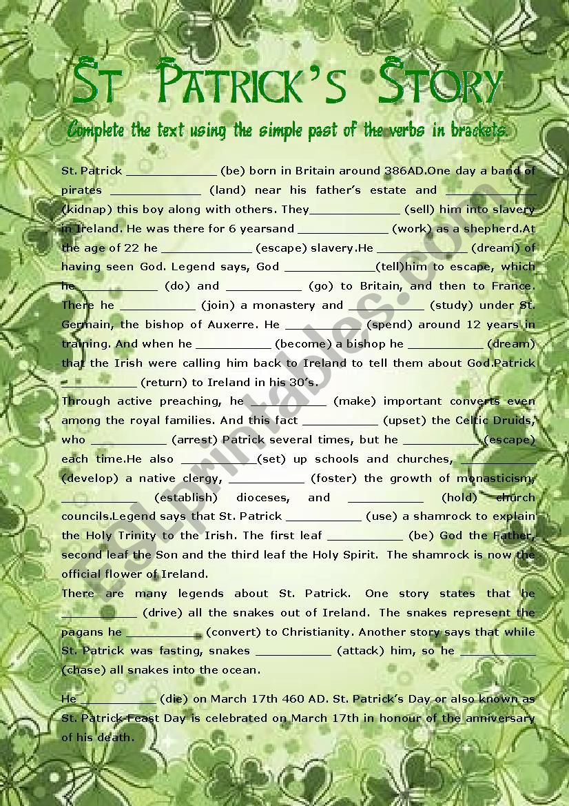 St. Patrick´s Story - ESL worksheet by Book Geek