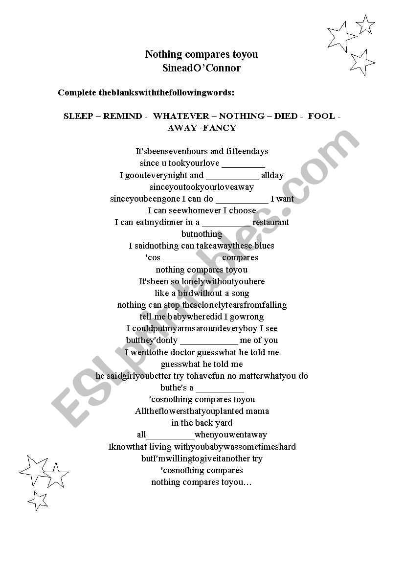 Nothing Compares to you - Syenad O´Connor - ESL worksheet by sofiferrero Nothing Compares to you - Syenad O´Connor - ESL worksheet by sofiferrero