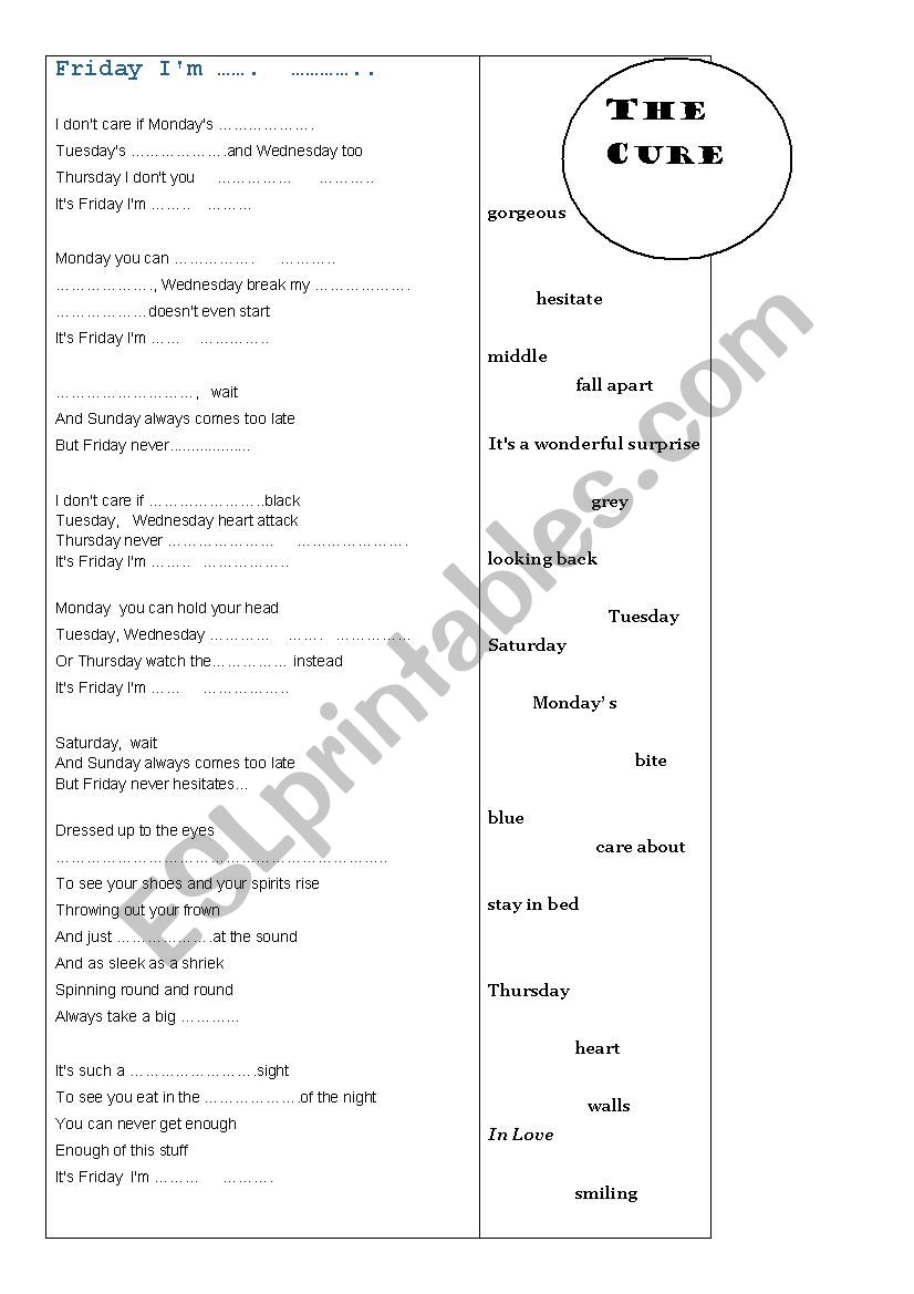Friday I´m in love - ESL worksheet by isateo