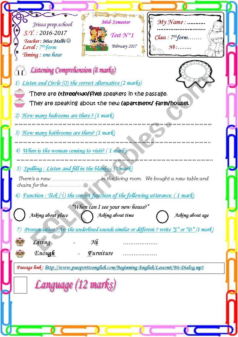 7th form Mid-Semester Test N°2 - ESL worksheet by English-teacher 38