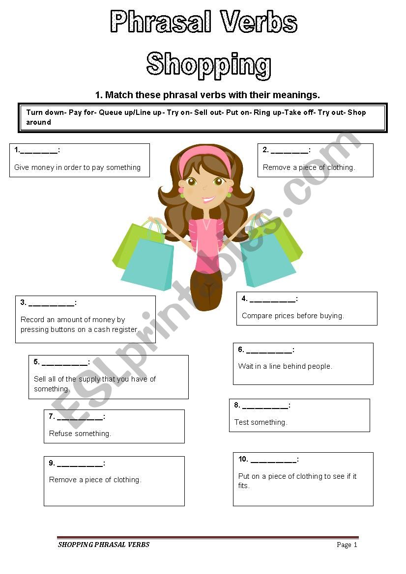 ´SHOPPING´ PHRASAL VERBS - ESL worksheet by Jessisun