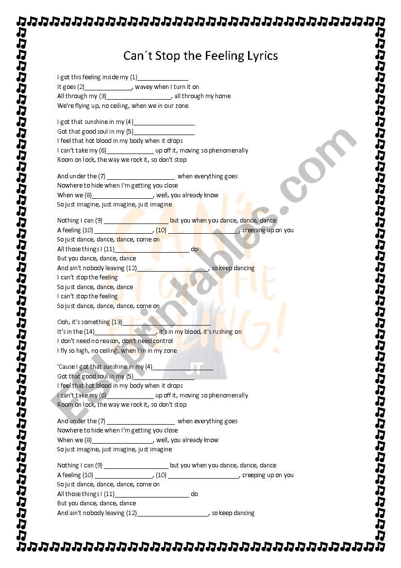 Gap fill Can´t Stop the Feeling - ESL worksheet by rtynen