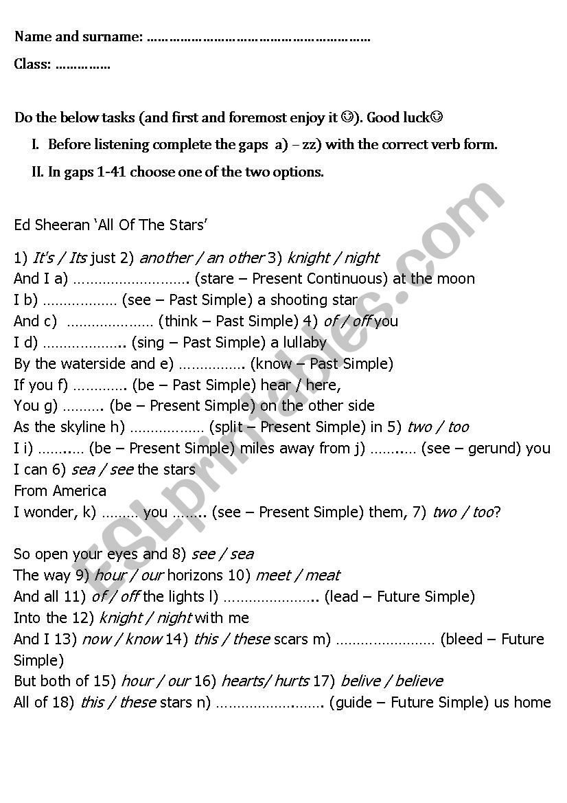 Ed Sheeran ´All Of The Stars´ - ESL worksheet by kastom