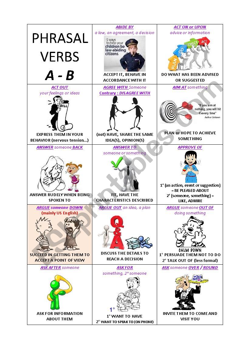 Let´s play with Phrasal Verbs - 1 on 8 - A & B - ESL worksheet by ...