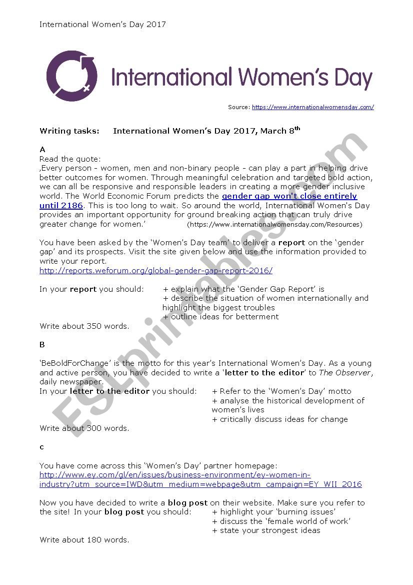 International Women´s Day - Writing tasks - ESL worksheet by Christl Tirol