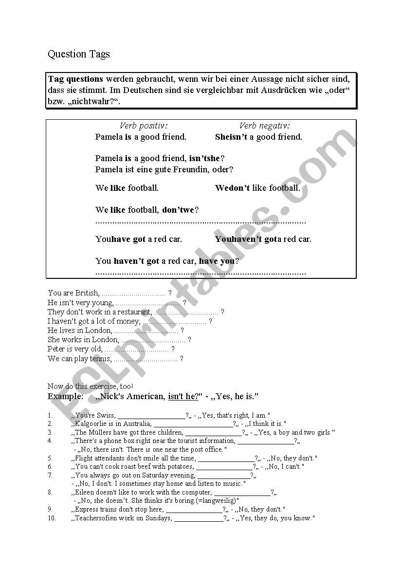 Grammar Tag Questions - ESL worksheet by honeybee6