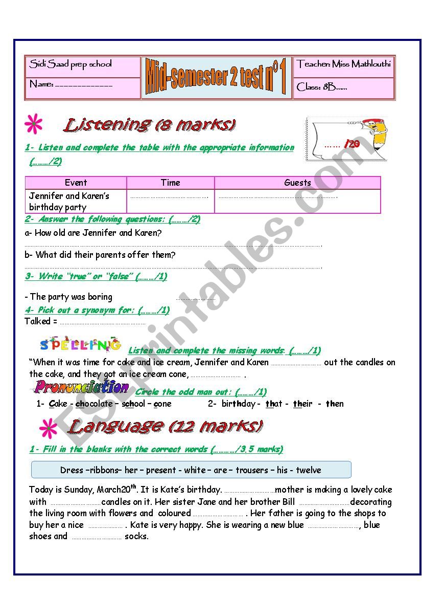 mid semester 2 test n°1 8th form - ESL worksheet by lovely mimou