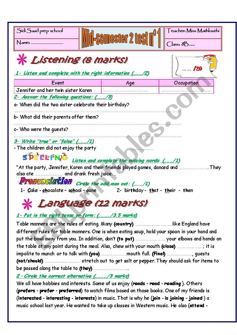 mid semester 2 test n°1 8th form2 - ESL worksheet by lovely mimou