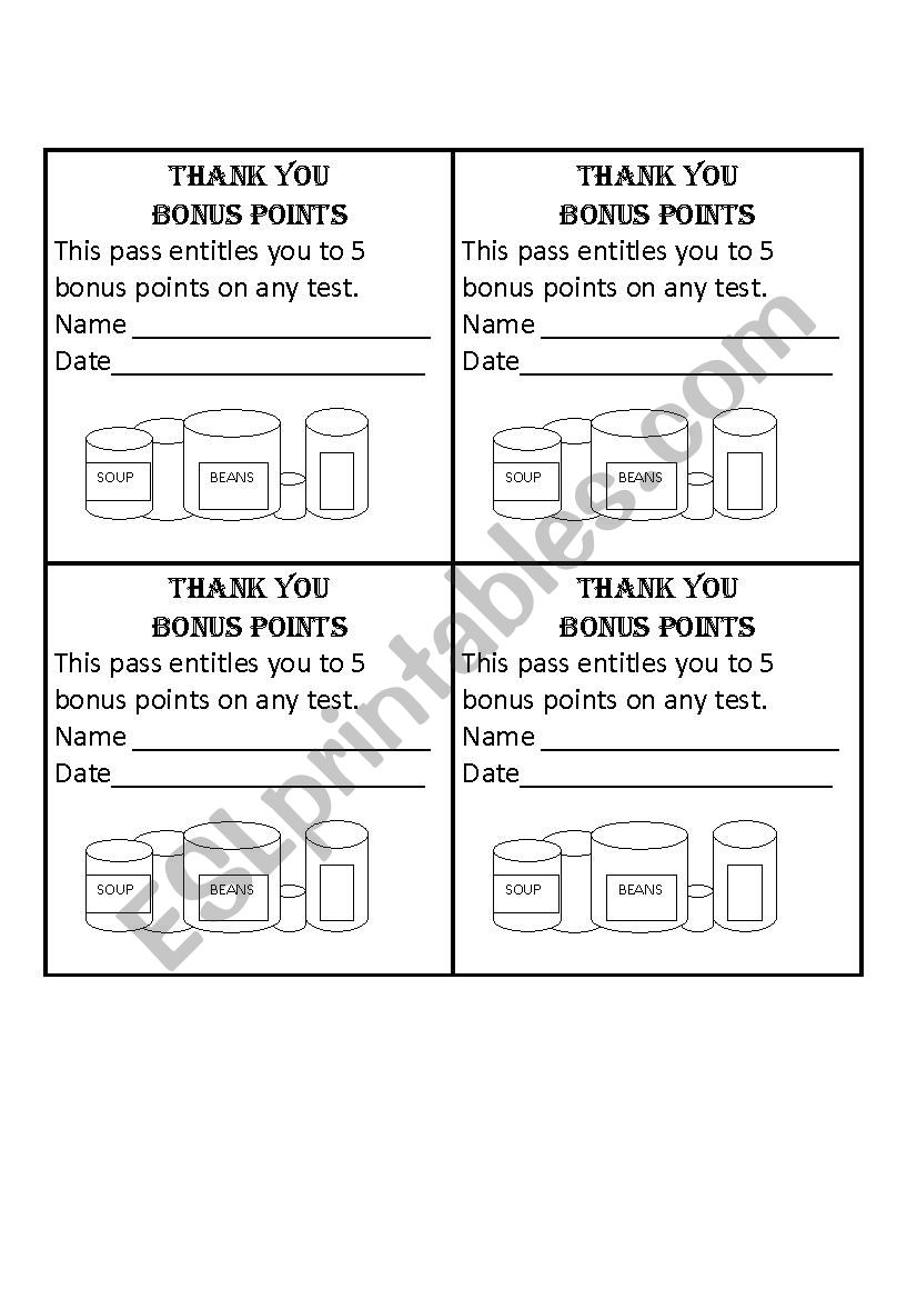 Bonus Points for can goods - ESL worksheet by Dchogan