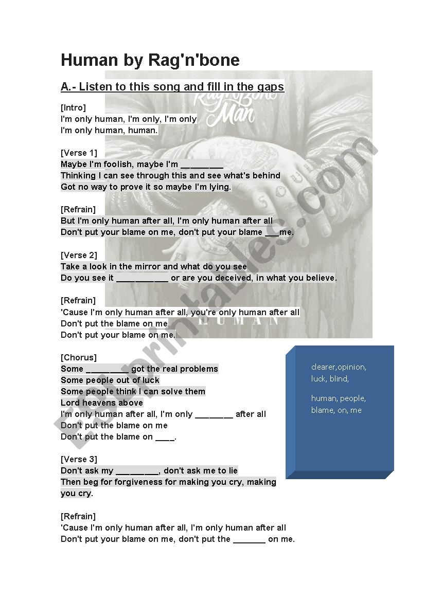 HUMAN BY RAG´N BONE MAN + possessive/object pronouns/adjectives - ESL ...