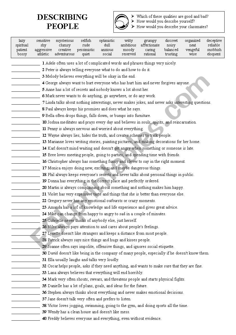 Describing people´s personality: Adjectives - ESL worksheet by EvaLore