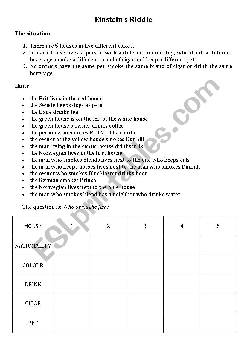 Einstein´s riddle - ESL worksheet by marisasfc