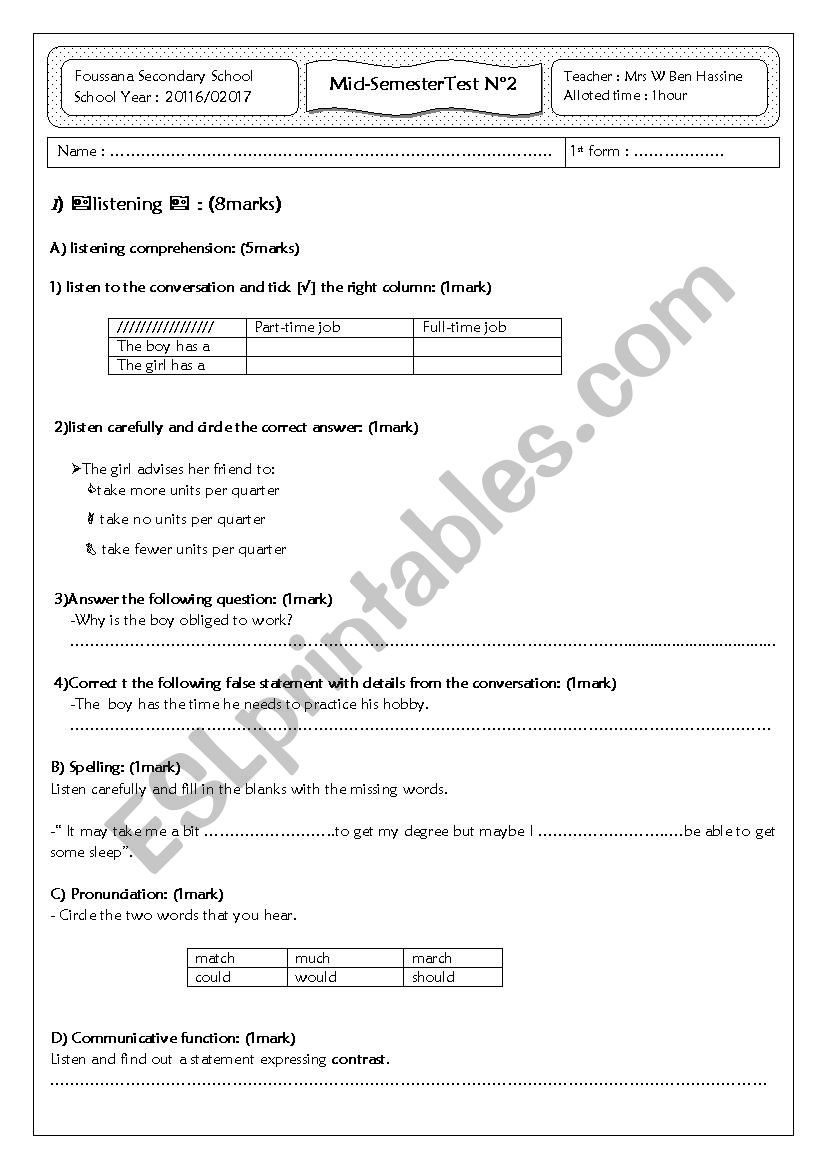 Mid-Semester Test N°2 (1st form) - ESL worksheet by wafouta