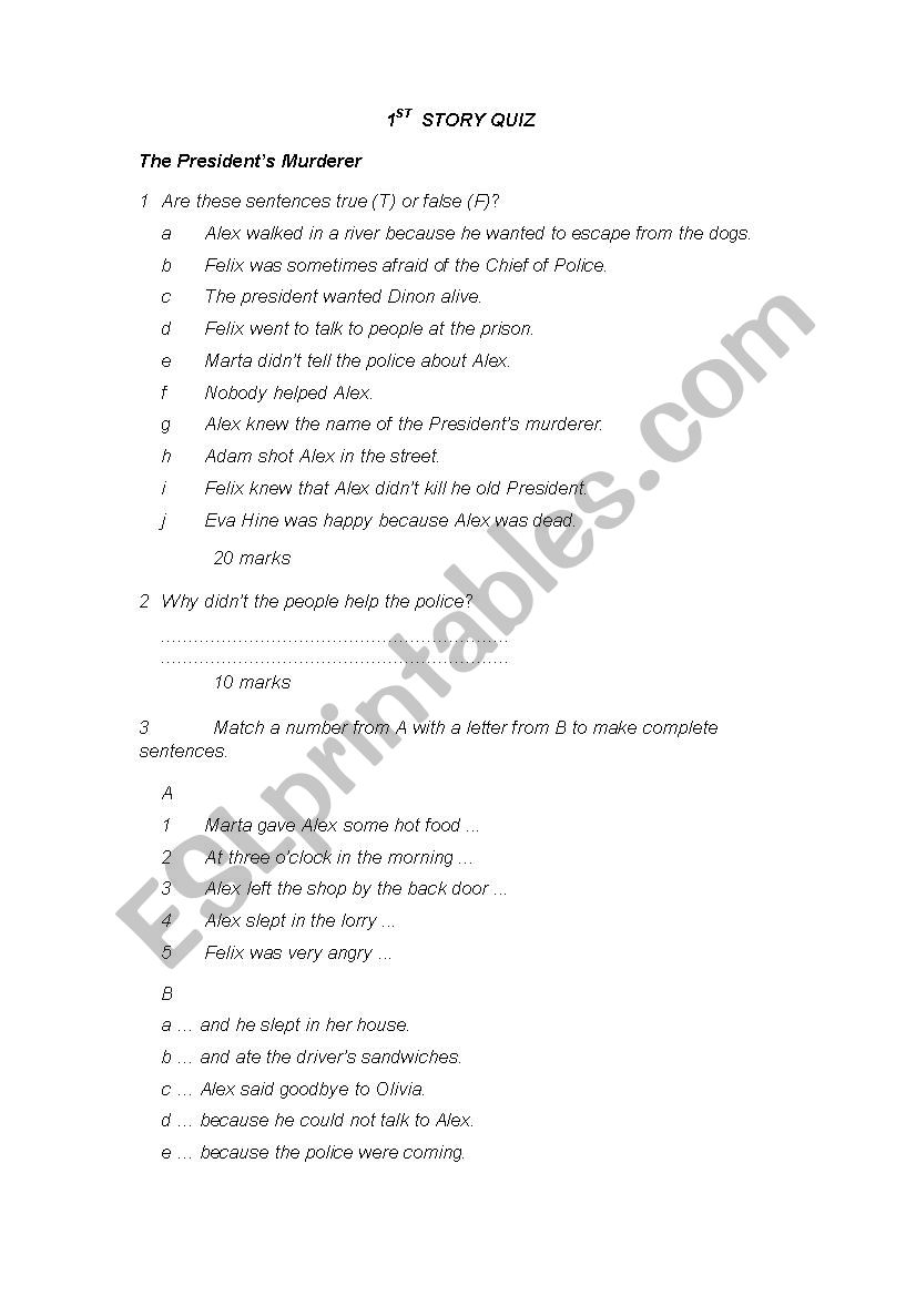 The President’s Murderer story quiz - ESL worksheet by said123456