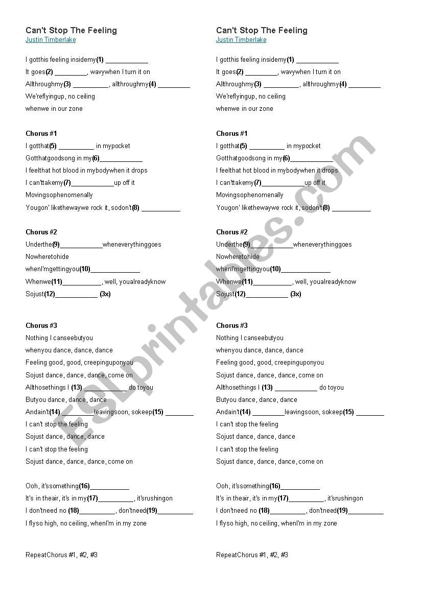 Can´t Stop the Feeling - Justin Timberlake - ESL worksheet by ...