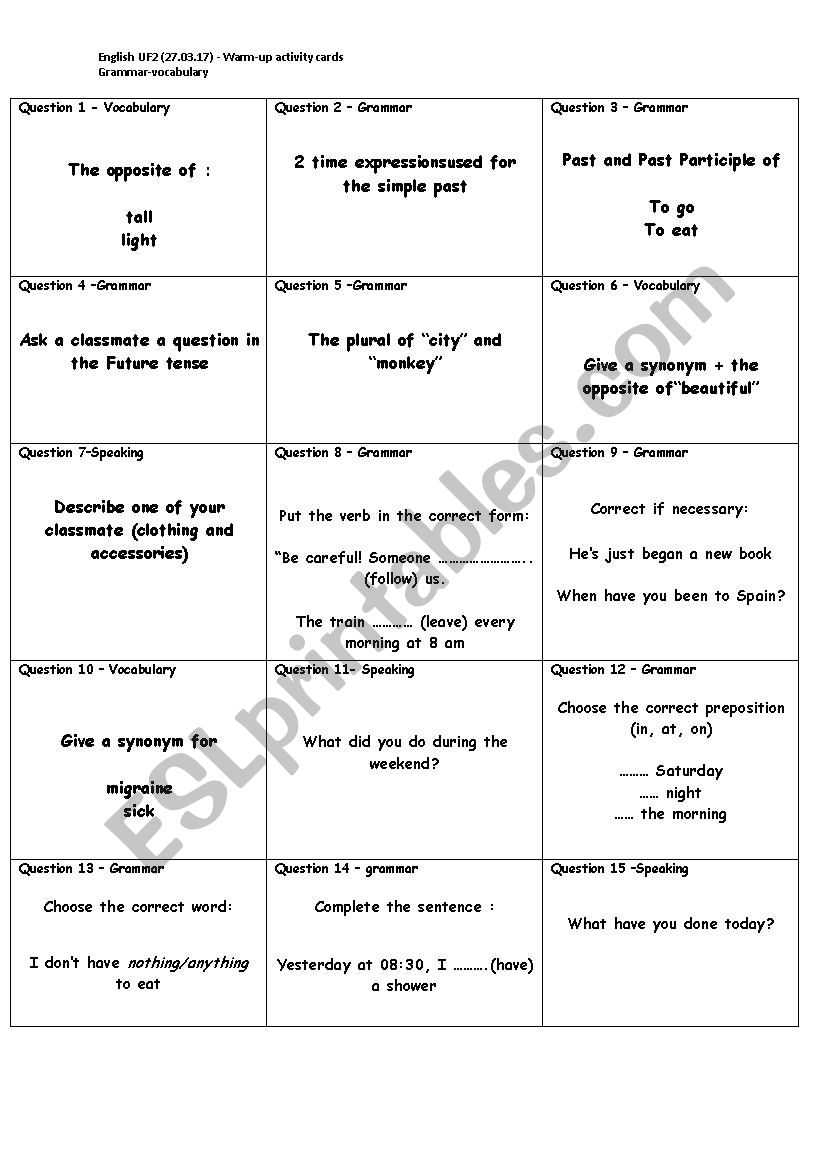 Warm Up Activities For English Class Beginners V rias Classes