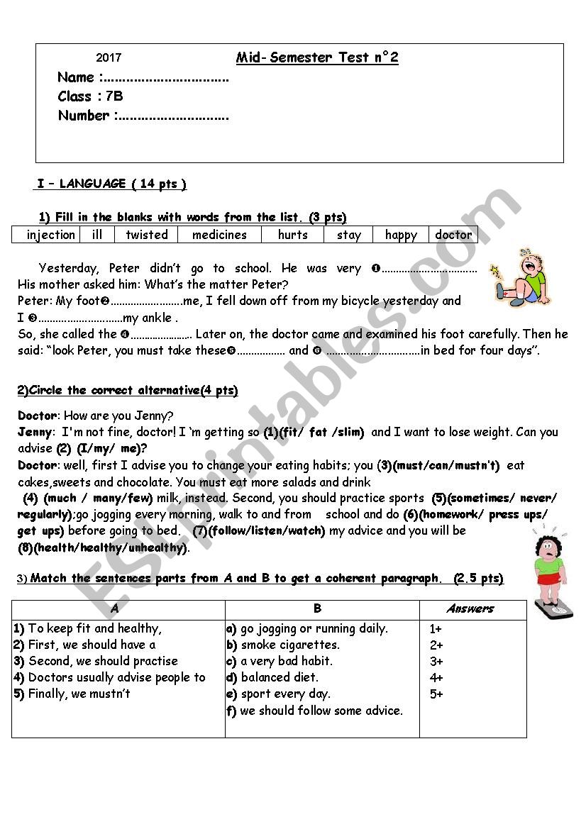 Mid-Semester Test n°2 7th Form - ESL worksheet by sbsmonia