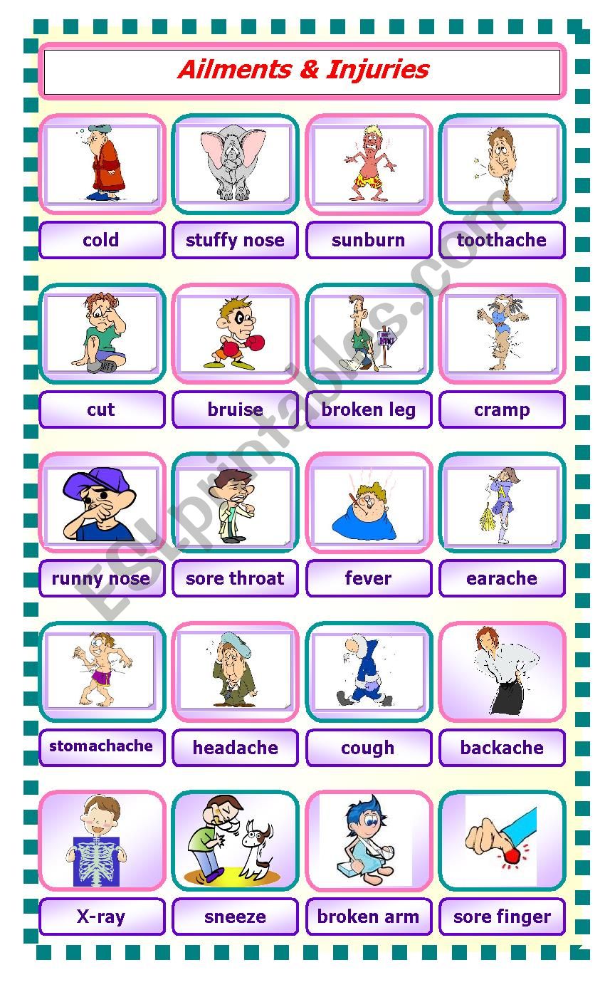 Ailments & Injuries Pictionary - ESL worksheet by Ugly Duckling Ailments & Injuries Pictionary - ESL worksheet by Ugly Duckling