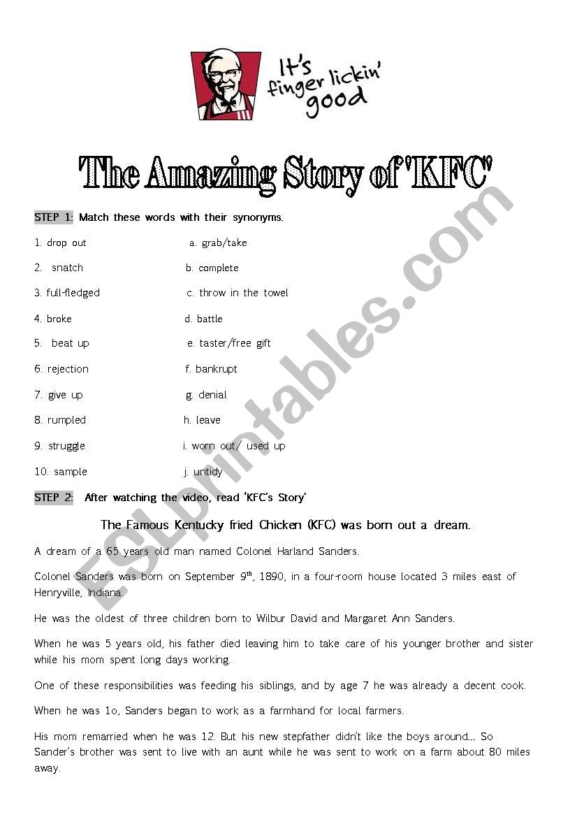 ´THE AMAZING STORY OF KFC´ The man behind the company - ESL worksheet ...