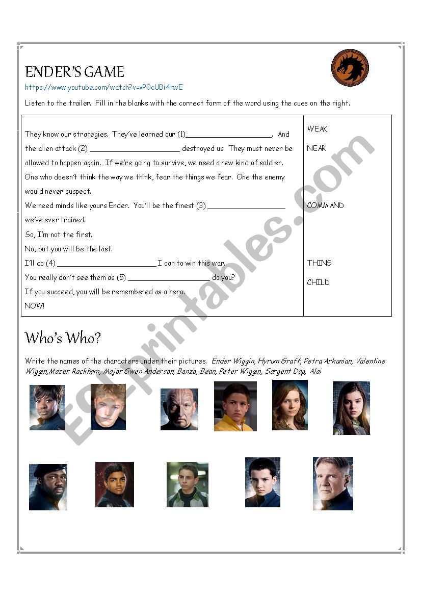Ender´s Game 3 Activities - ESL worksheet by EstherLee76
