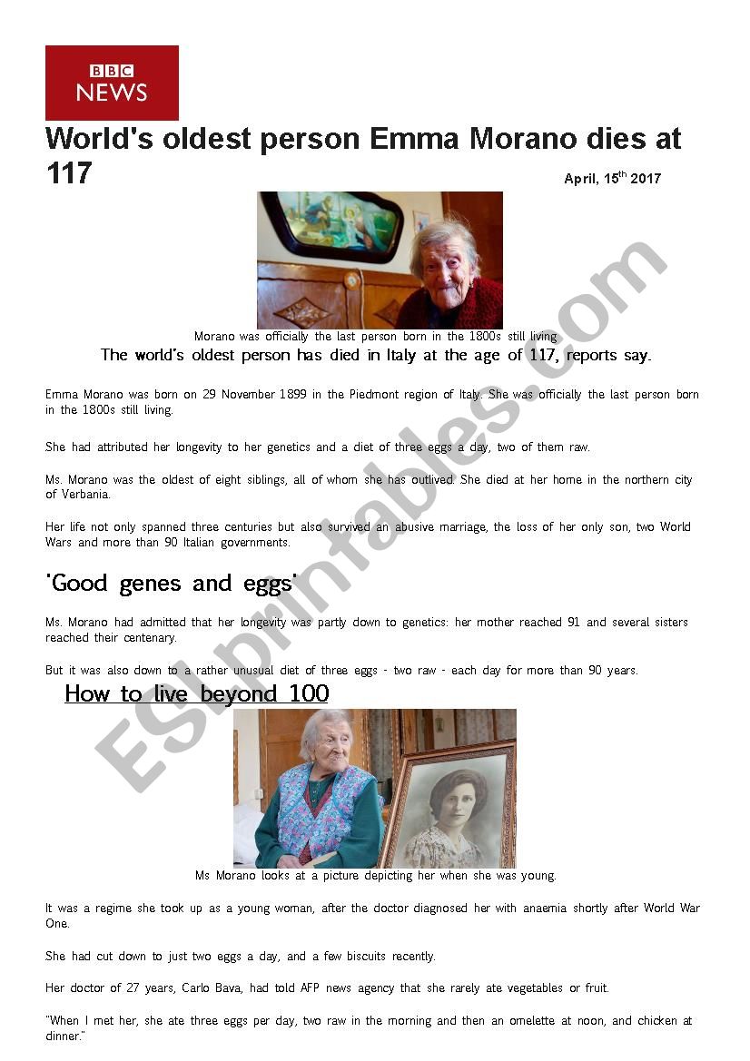 WORLD´S OLDEST PERSON DIES AT THE AGE OF 117 - ESL worksheet by Jessisun
