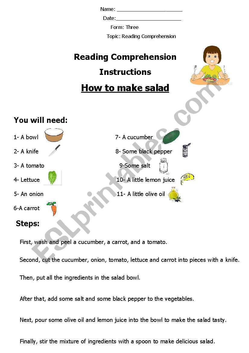 Reading Comprehension ´How to Make a Bowl of Salad´ - ESL worksheet by ...