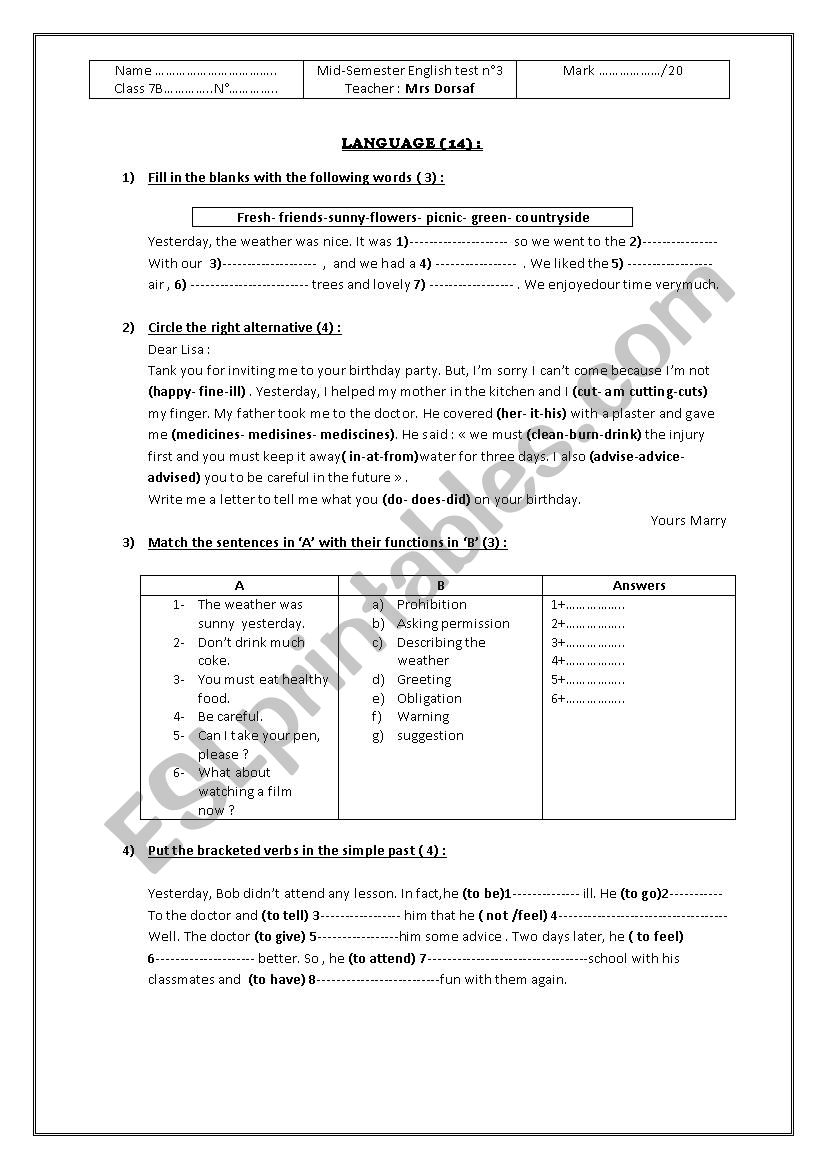 mid-semester test n°3 - ESL worksheet by dorsafthraya