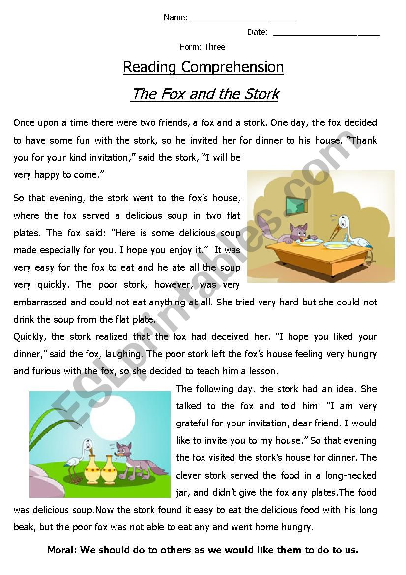 Reading Comprehension ´Fable´ (The Fox and the Stork) - ESL worksheet ...