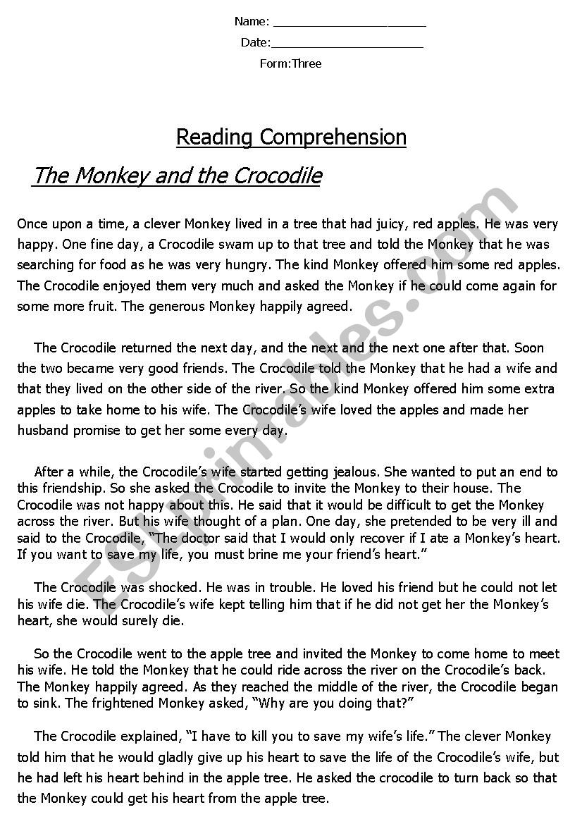 Reading Comprehension ´Fable´ (The Monkey and The Crocodile) - ESL ...