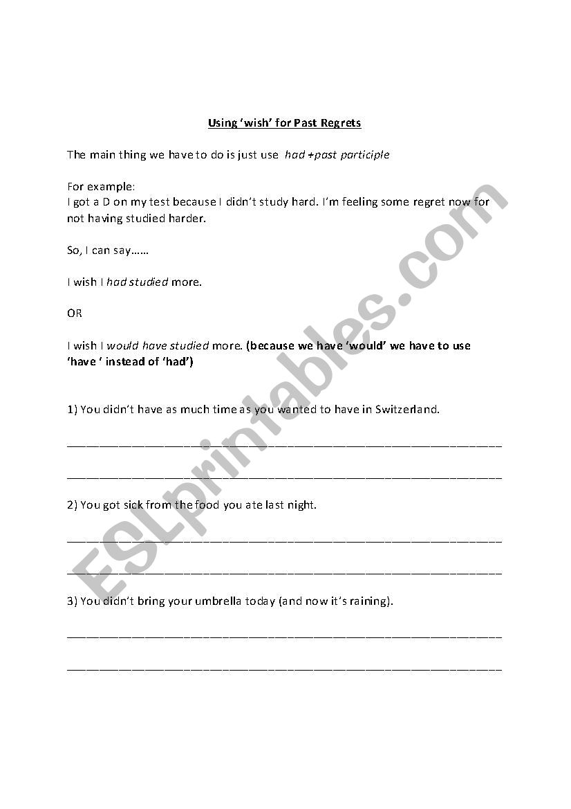 Using ´wish´ for Past Regrets #2 - ESL worksheet by josh41