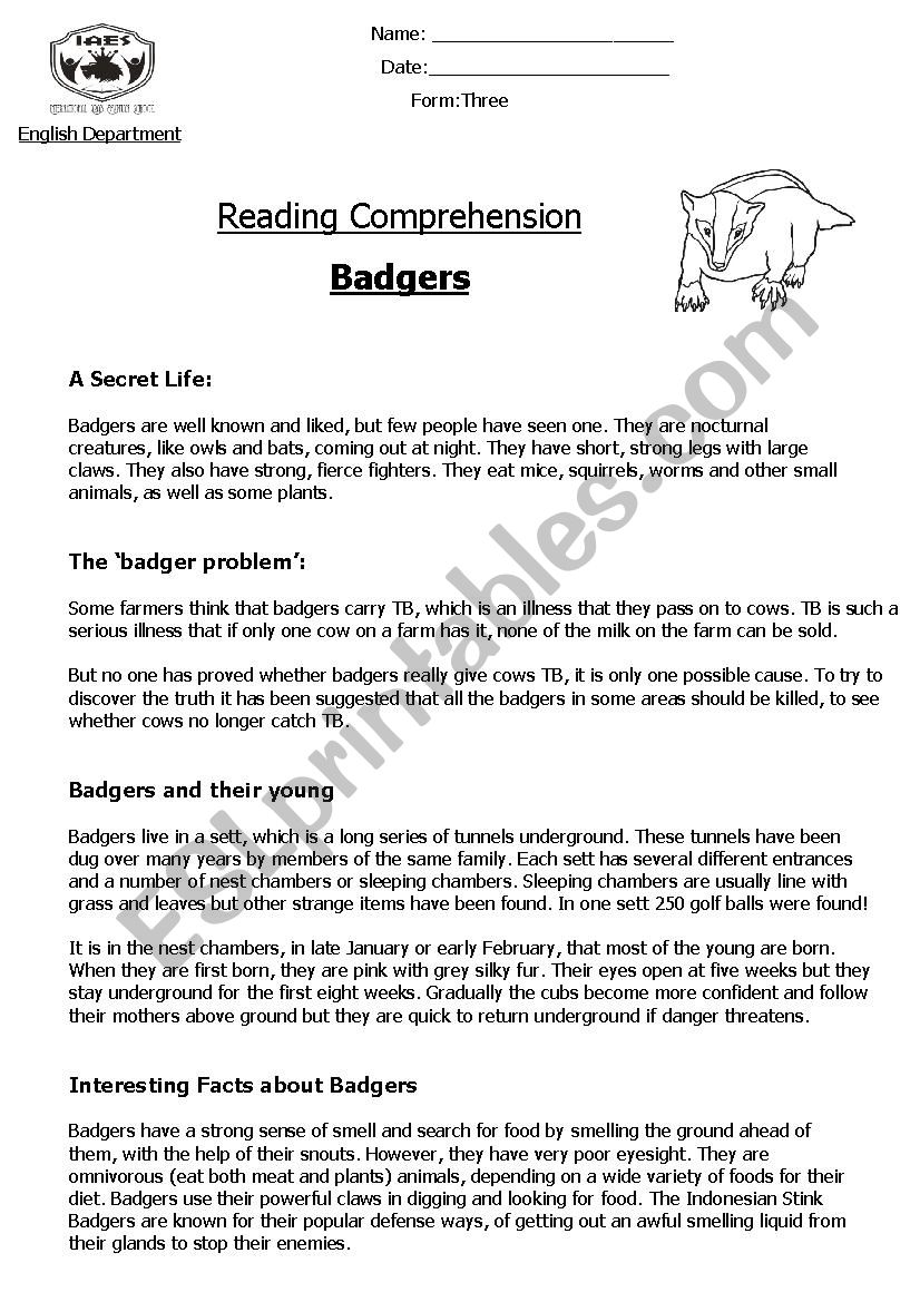Reading Comprehension ´Non-Chronological Report´ (Badgers) - ESL ...