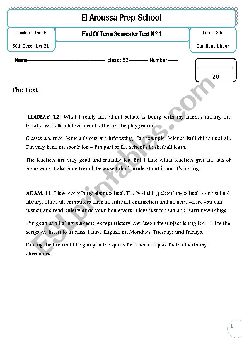 End Of Term Semester Test N°1 8th year - ESL worksheet by fawzydridi