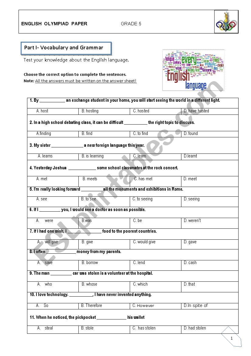 English Olympiad Worksheets For Class 2 Noun Worksheet For Grade 1