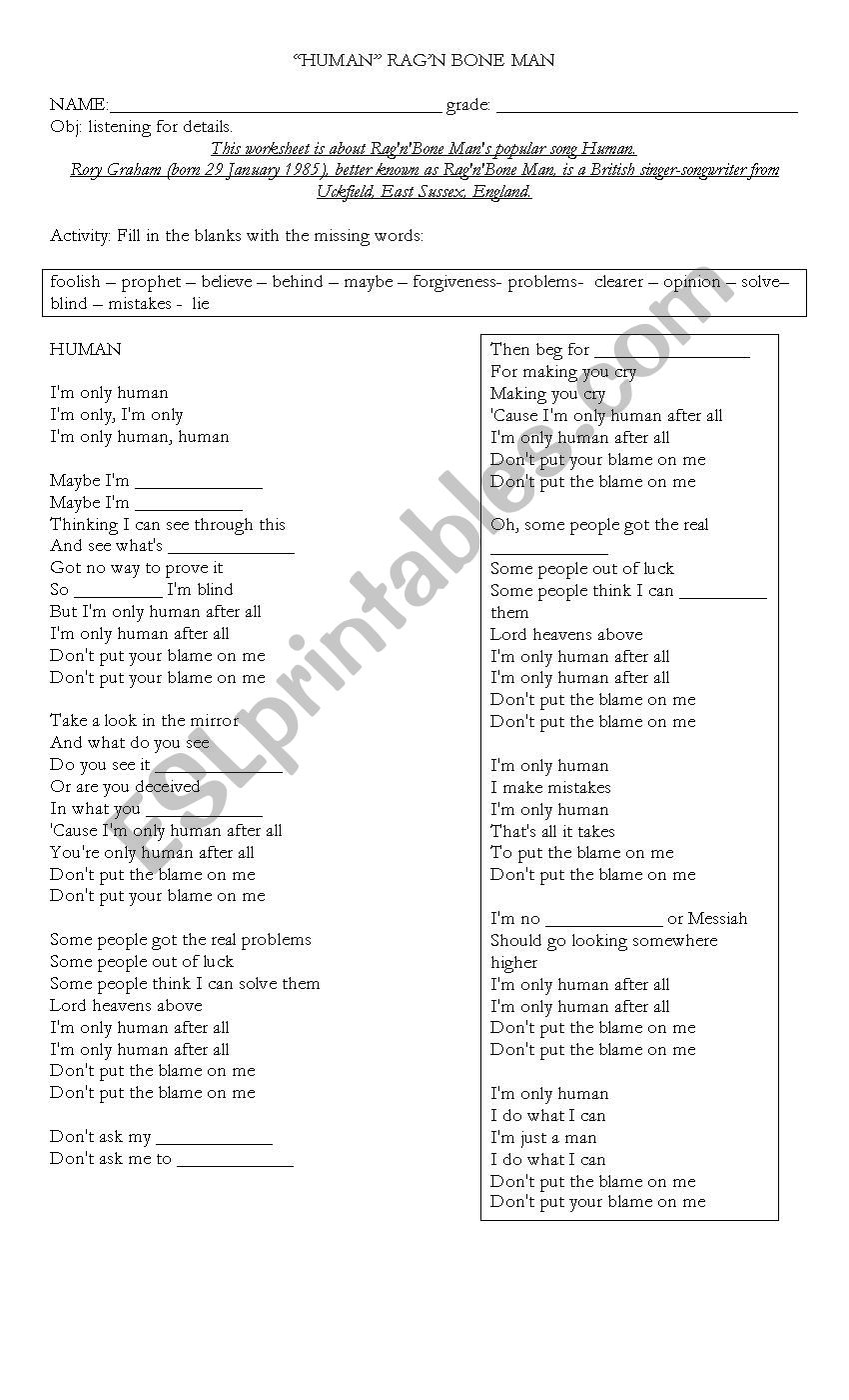human song Rag´n bone man - ESL worksheet by pattykats27
