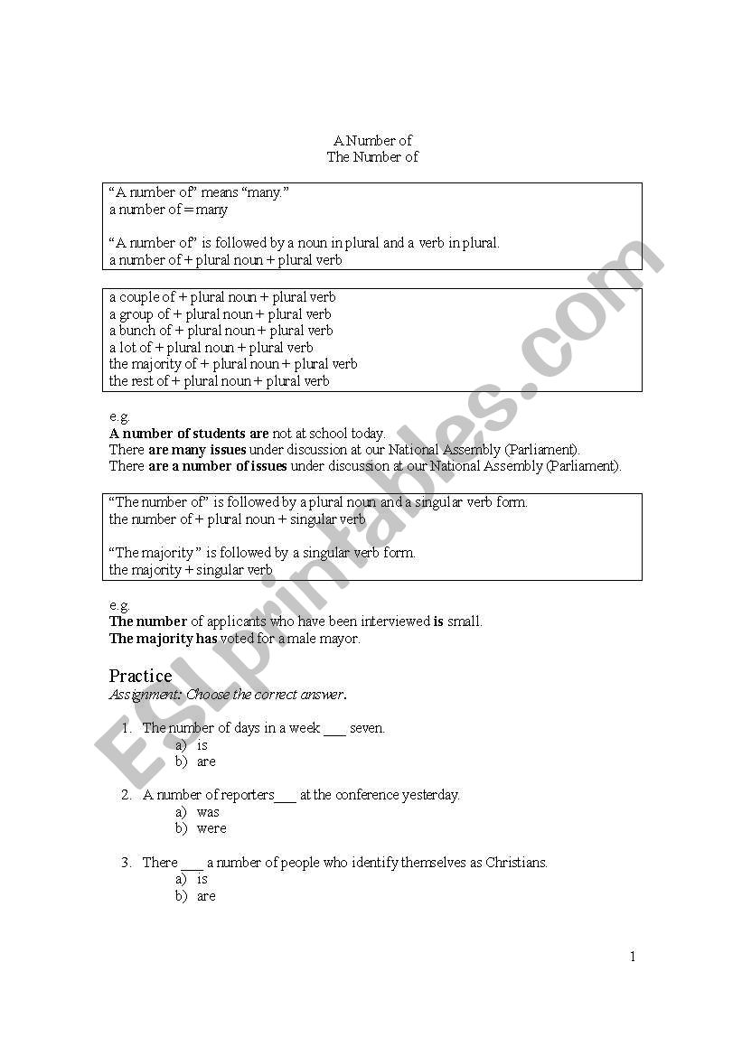 English Worksheets A Number Of The Number Of