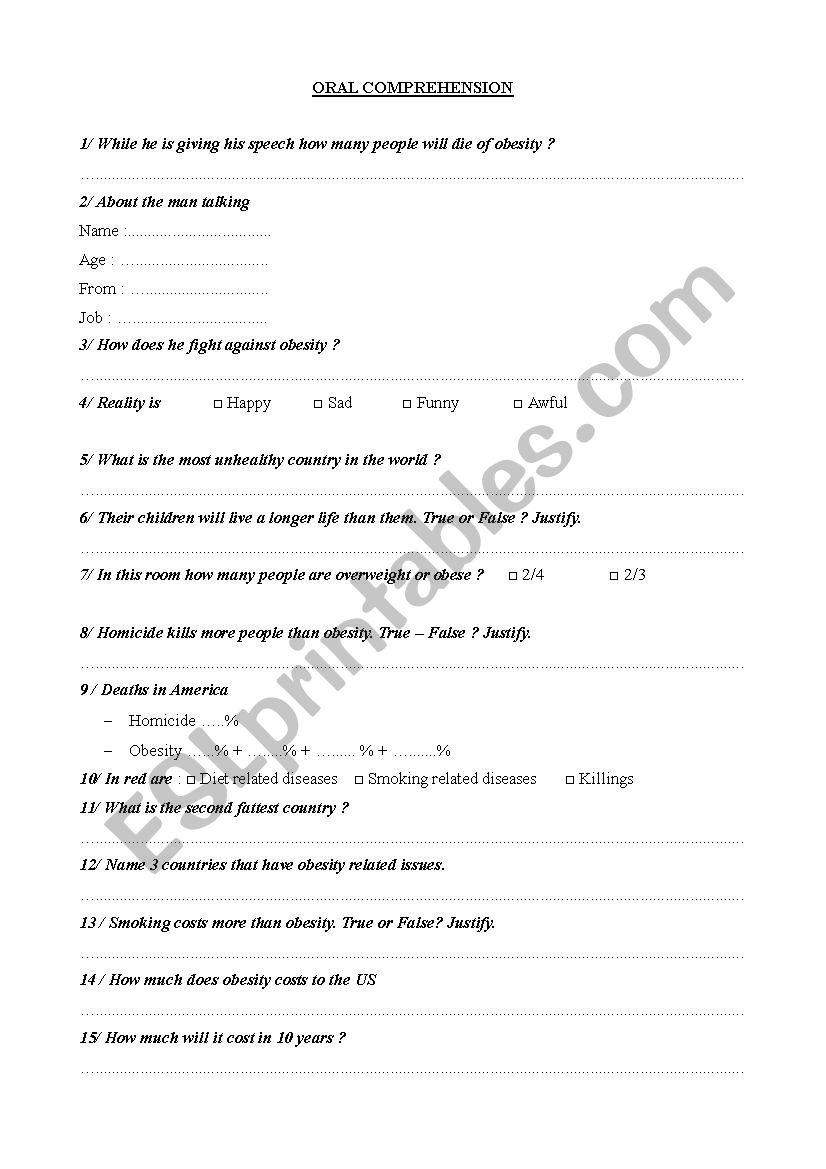 Jamie Oliver´s Ted Talk Oral Comprehension - ESL worksheet by EvilQueen