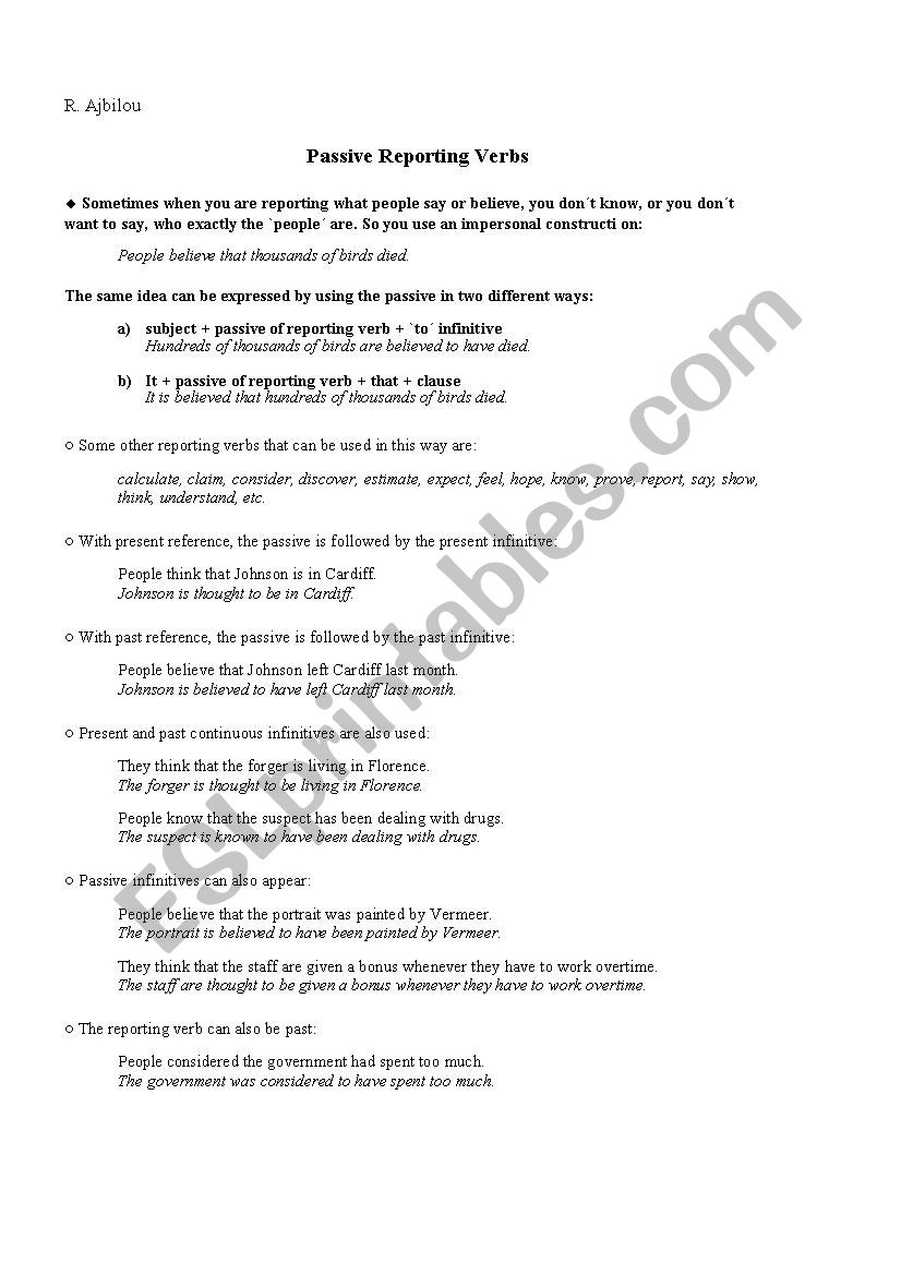 Passive reporting verbs - ESL worksheet by rahhaljbilou Passive reporting verbs - ESL worksheet by rahhaljbilou