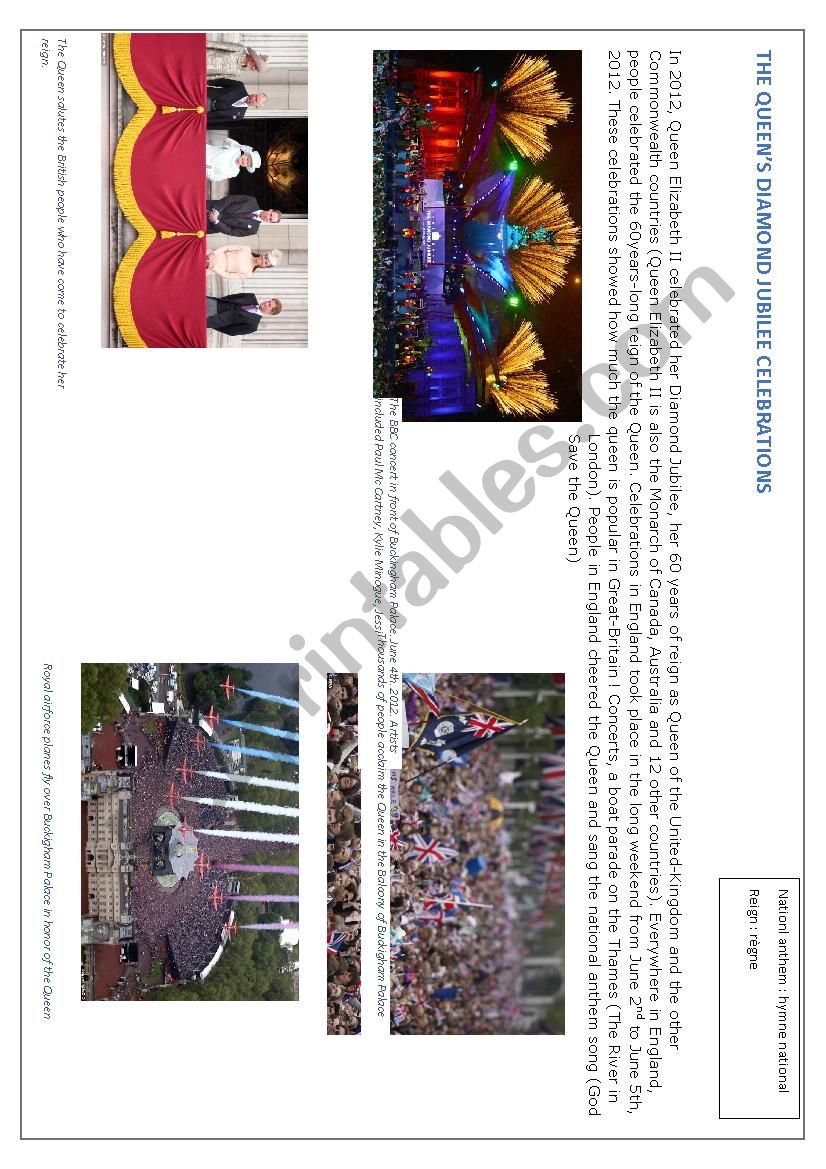 Queen´s diamond Jubilee - ESL worksheet by Rainbolady