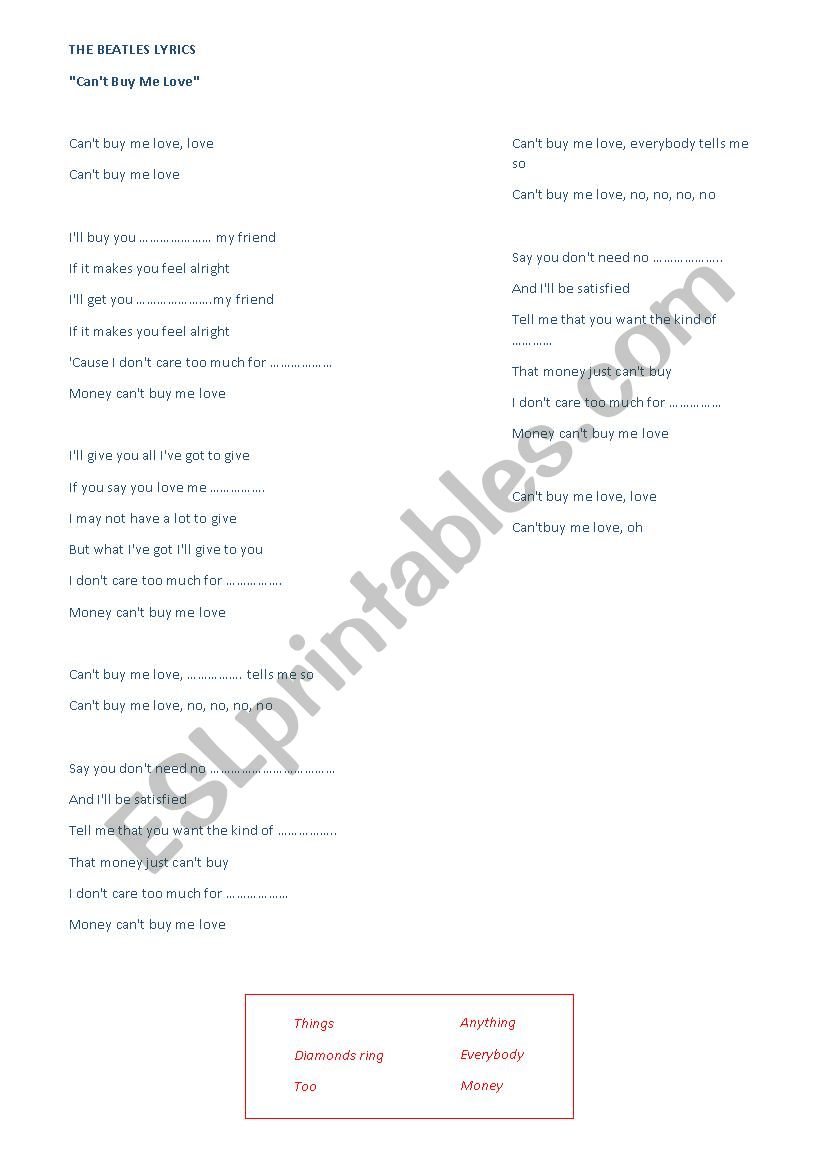 The Beatles - ca´t buy me love lyrics - ESL worksheet by Pryss