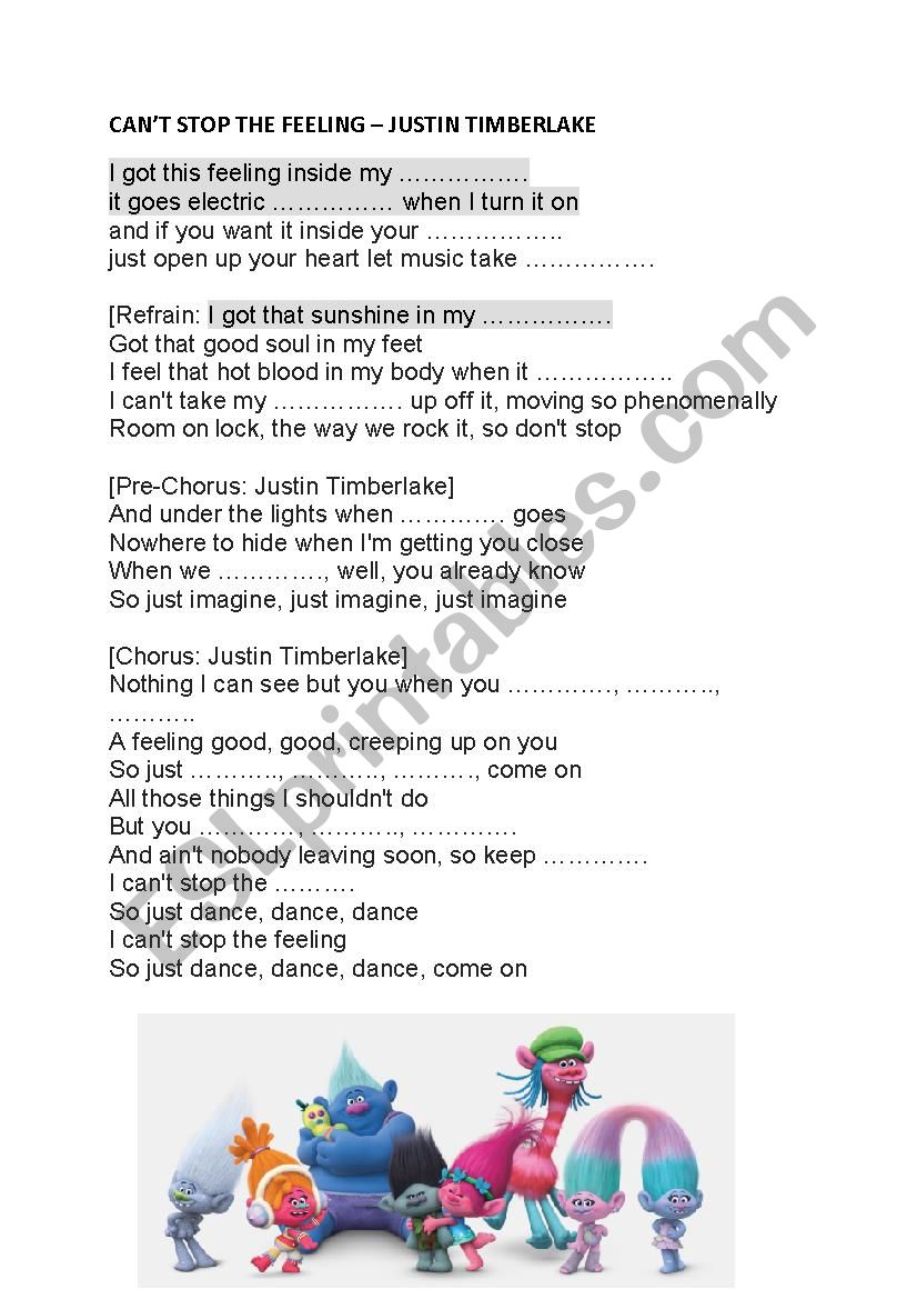 can´t stop the feeling - Justin Timberlake (trolls version) - ESL ...