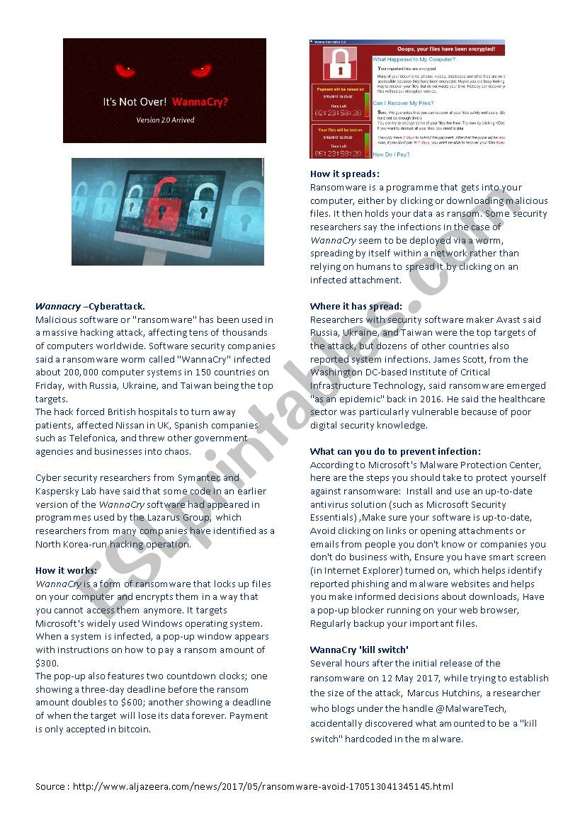 ´Wannacry´ Ransomware Attack - Reading for specific details - ESL ...