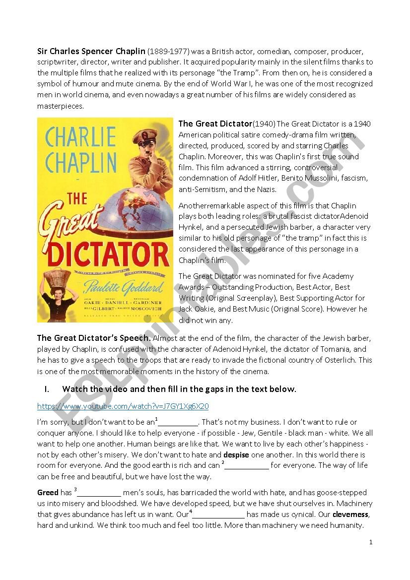 The Great Dictator´s Speech - ESL worksheet by eduvinas