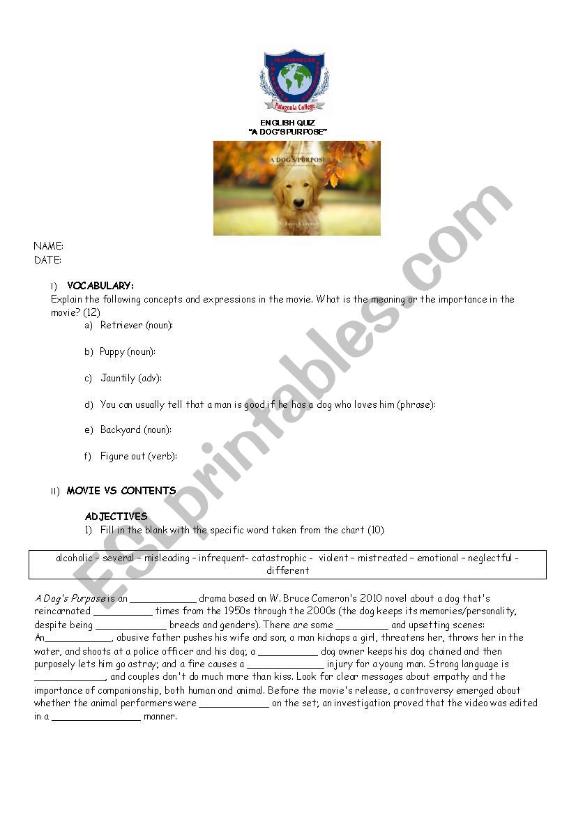 A dog´s purpose movie quiz - ESL worksheet by javierojedac