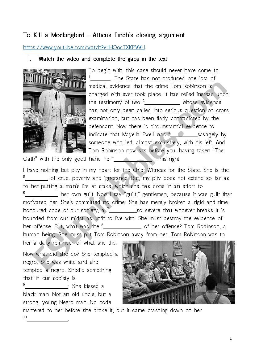 To Kill a Mockingbird - Atticus Finch´s closing argument - ESL ...