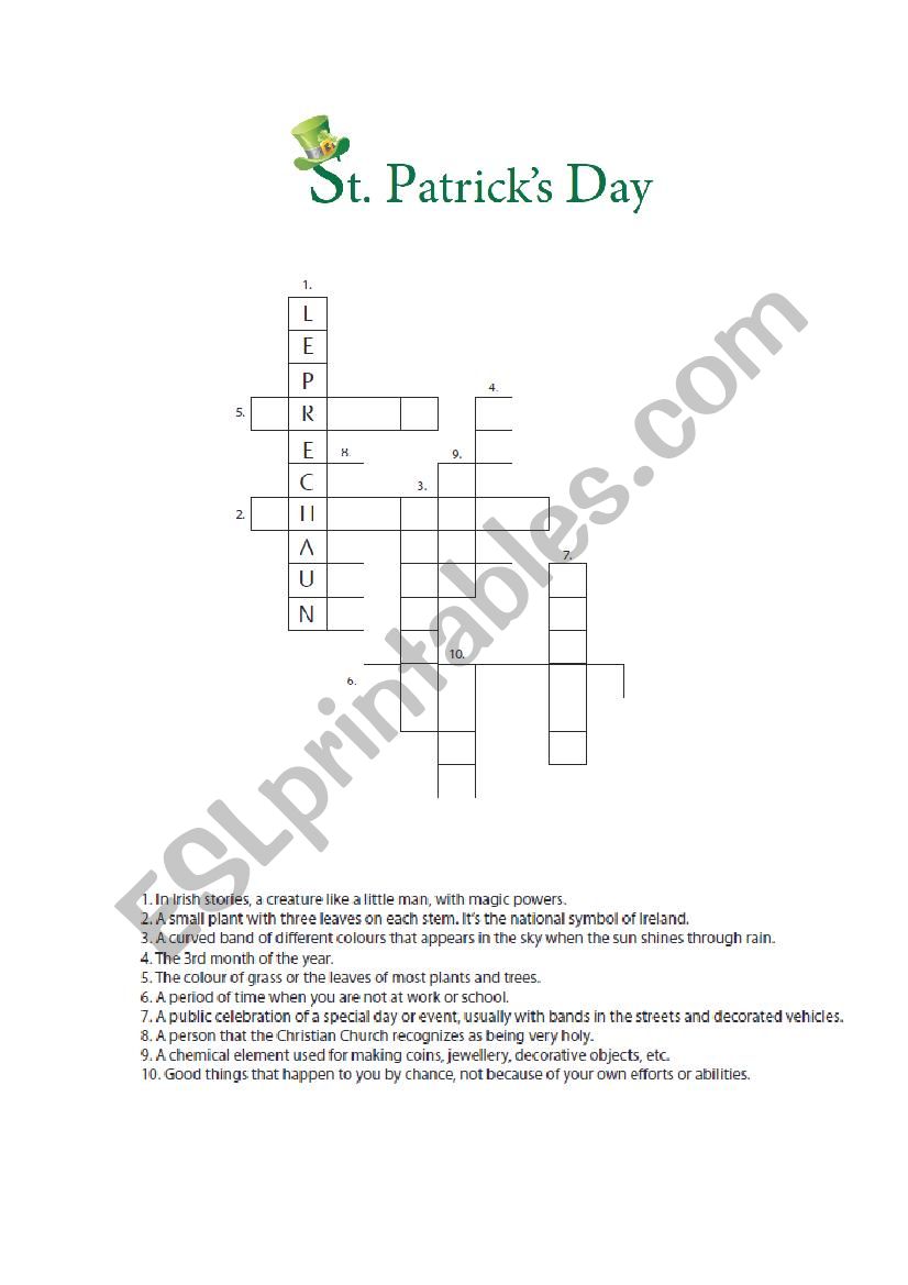 St. Patrick´s Crosswords - ESL worksheet by vanricarte